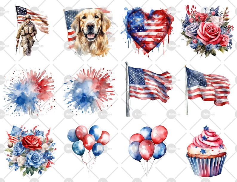 Watercolor Fourth of July Clipart PNG Format Transparent - Etsy