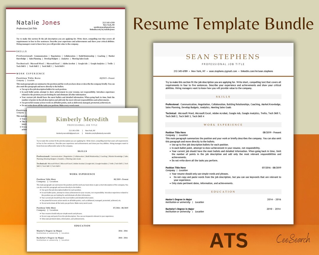 3 Resume Template Bundle, Modern, ATS, Professional 1-2 Pages, Cover ...