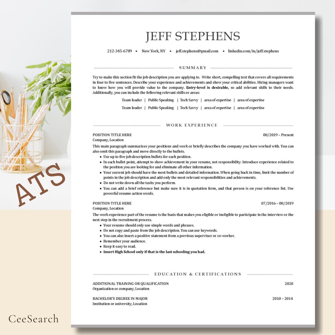 ATS Formatted, Classic Resume Template, 1-2 Page Versions With Cover ...