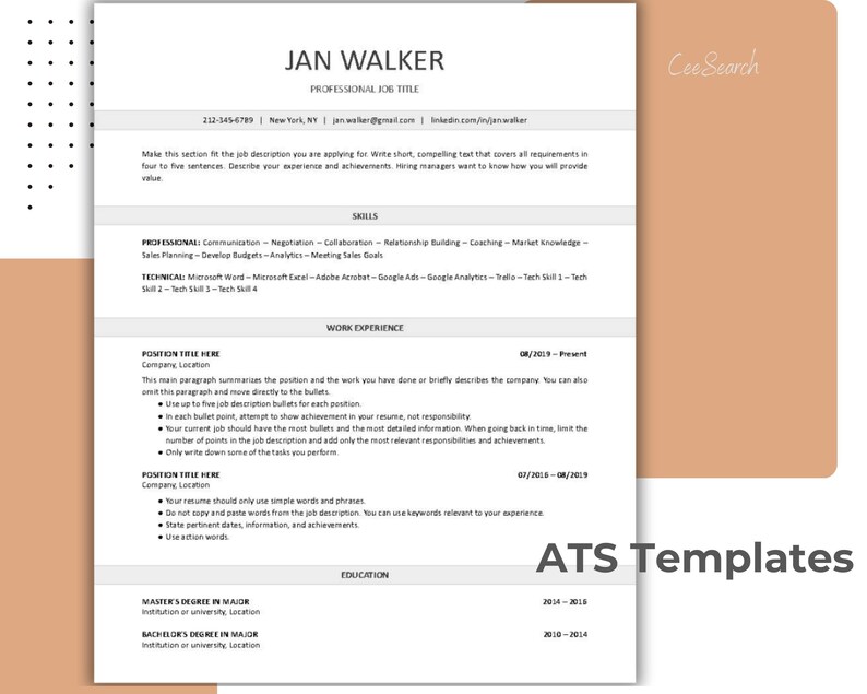 Modern ATS Resume Template for Google Docs, Word, 1-2 Page Resume ...