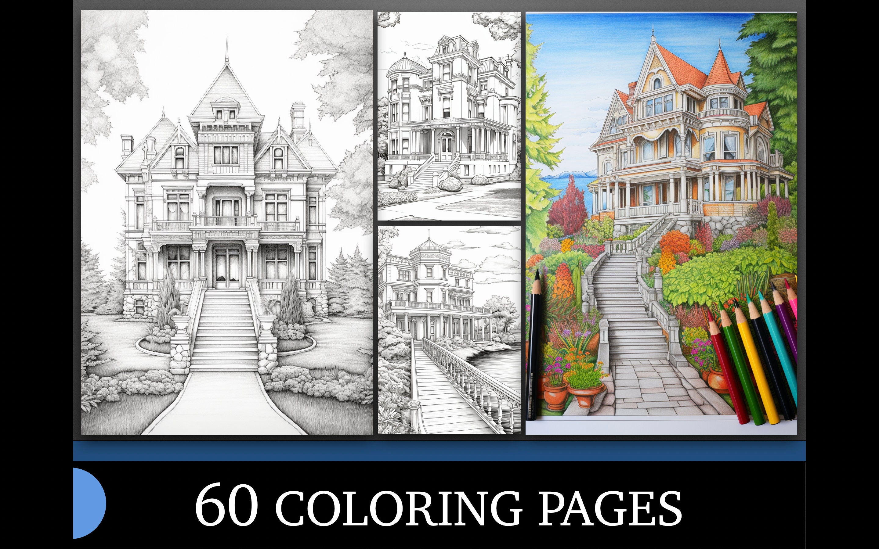 Mansion Architecture Coloring Pages | 8.5" X 11" Printable PDF ...