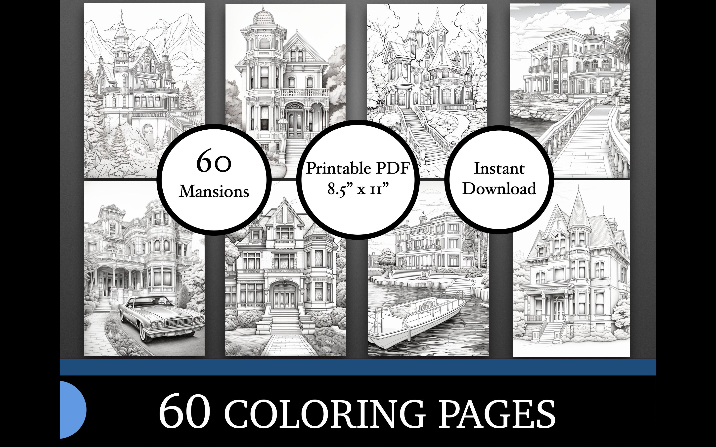 Mansion Architecture Coloring Pages | 8.5" X 11" Printable PDF ...