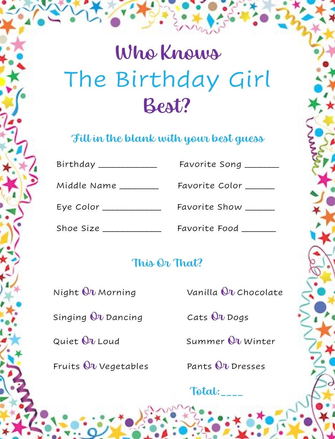 Who Knows the Birthday Girl the Best | Birthday Game | Digital Print - Etsy