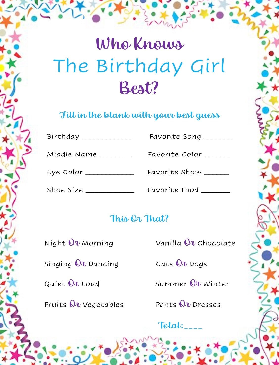 Who Knows the Birthday Girl the Best | Birthday Game | Digital Print - Etsy