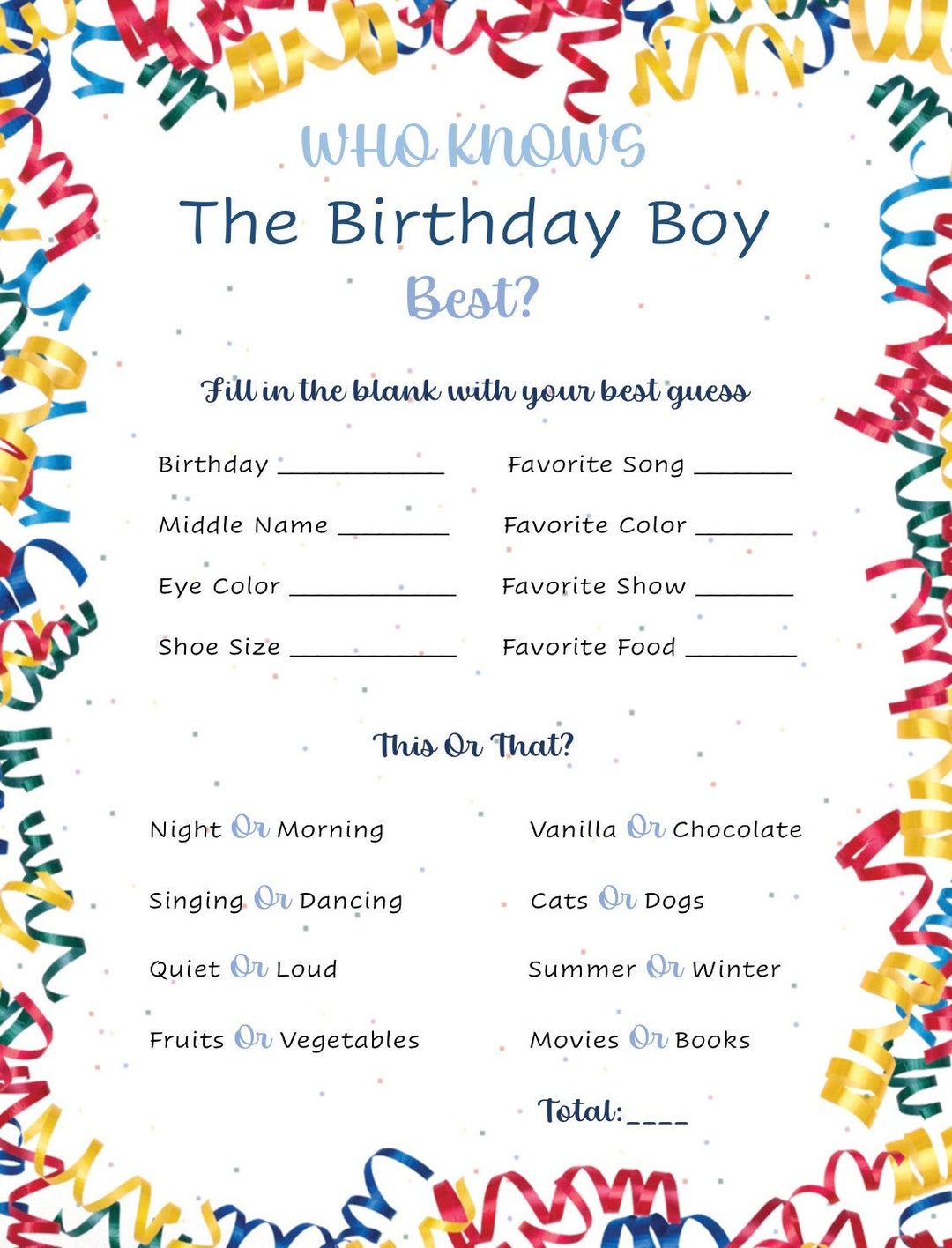 Who Knows the Birthday Boy Best Game | Birthday Party (digital Print ...