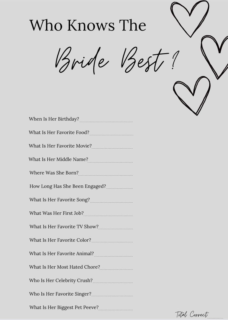 Who Knows the Bride Bridal Shower Game Digital Download Printable Game ...