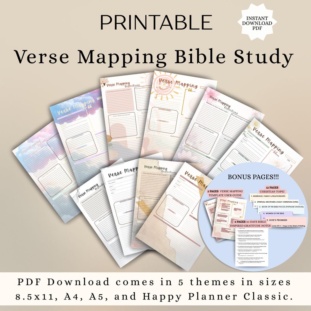 Verse Mapping Bible Study Printable Template| 5 Themes (PDF) - Etsy
