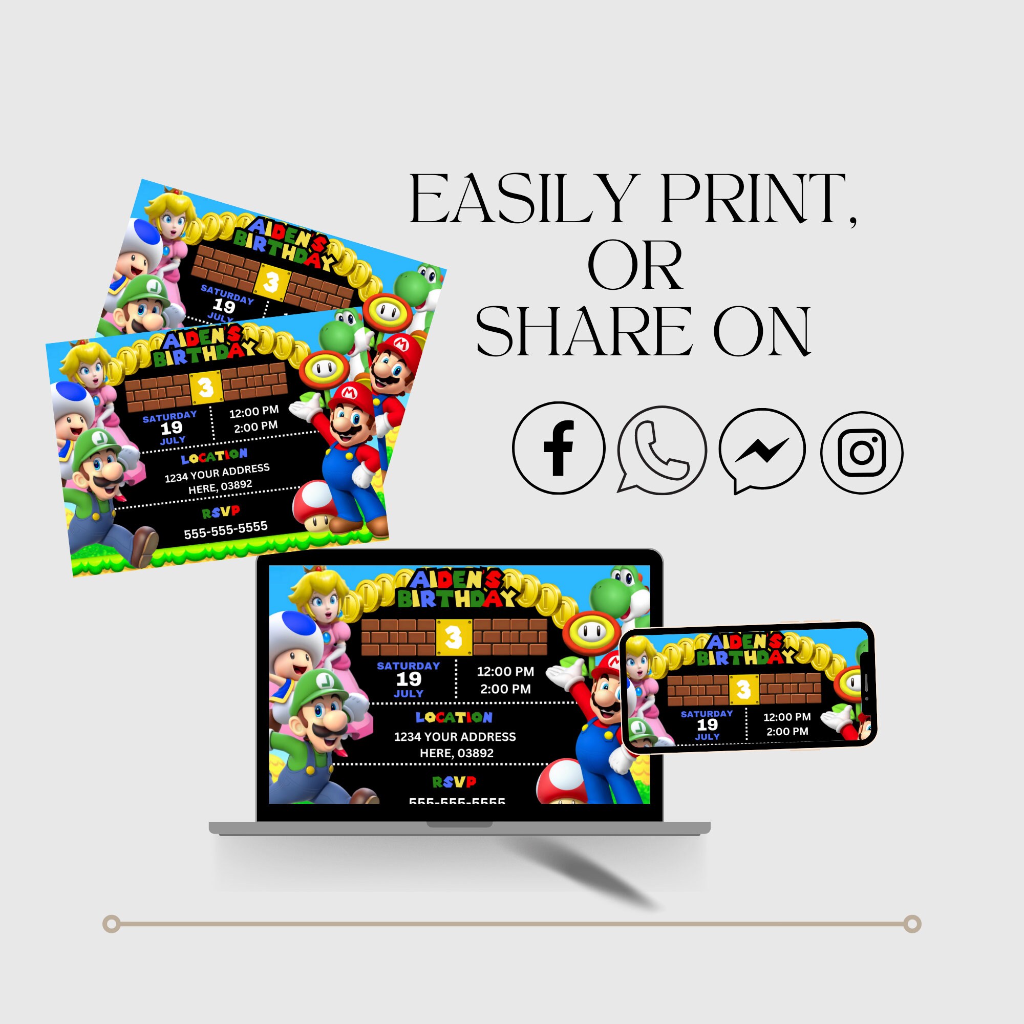 Birthday Party Invitation | Mario Birthday Cards| Editable Invitations ...