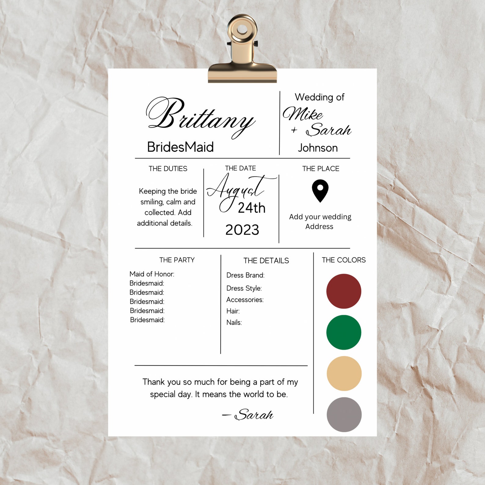 Bridal Party Info Card Wedding Card Info Bridal Infographic - Etsy