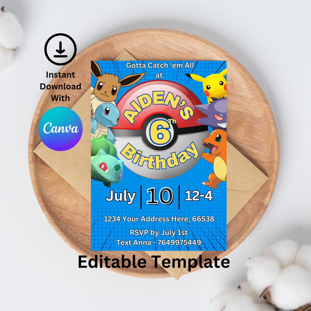 Birthday Party Invitationpokémon Pikachu Birthday Card Editable ...