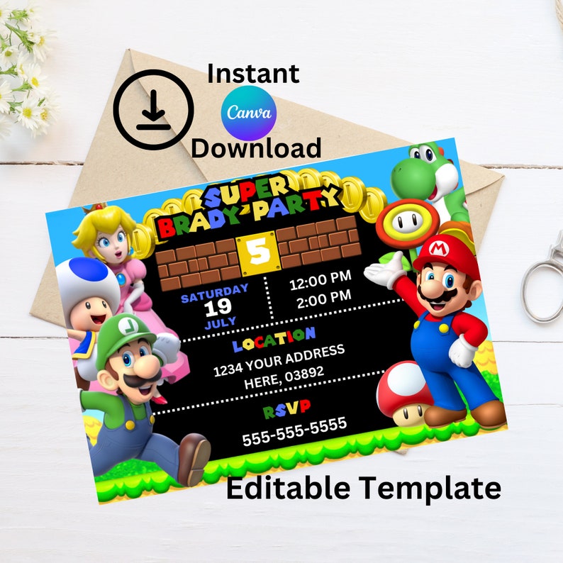 Birthday Party Invitation| Super Mario Birthday Party| Editable ...