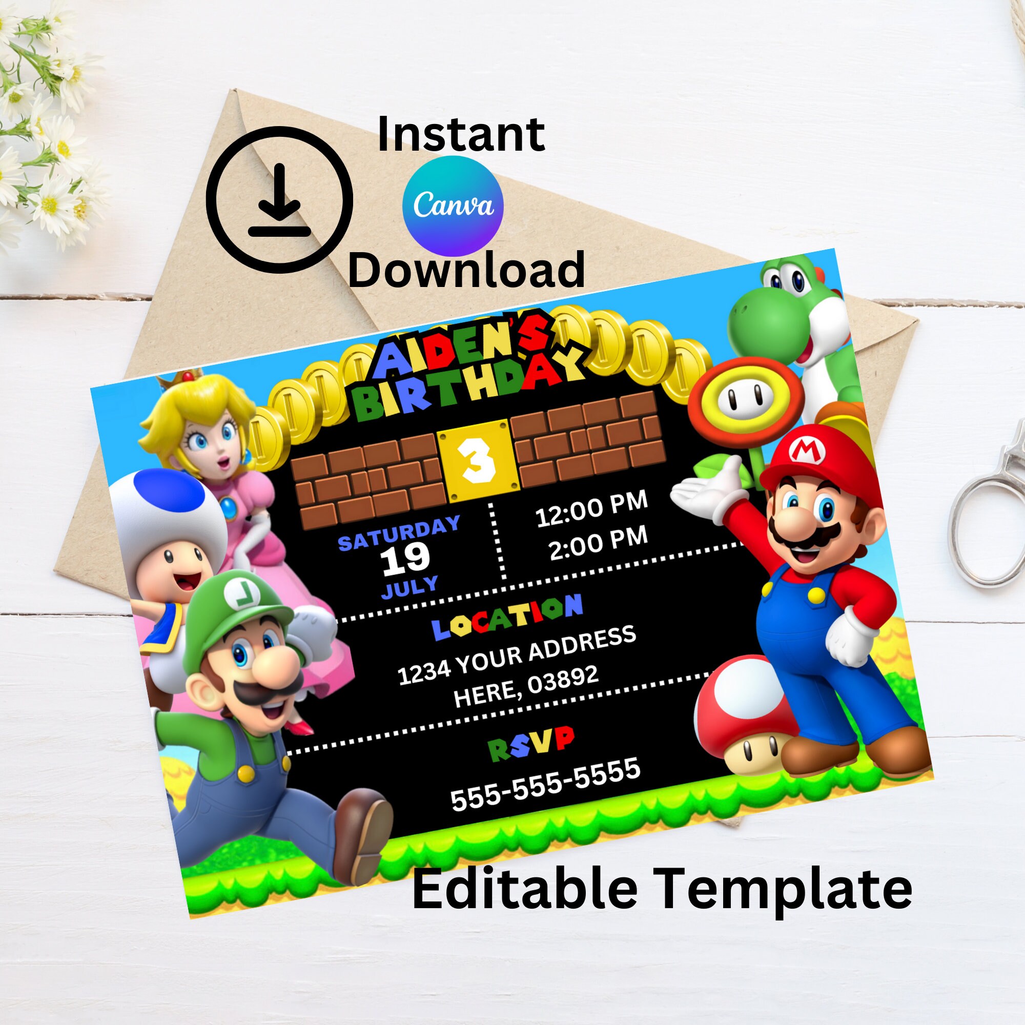 Birthday Party Invitation | Mario Birthday Cards| Editable Invitations ...