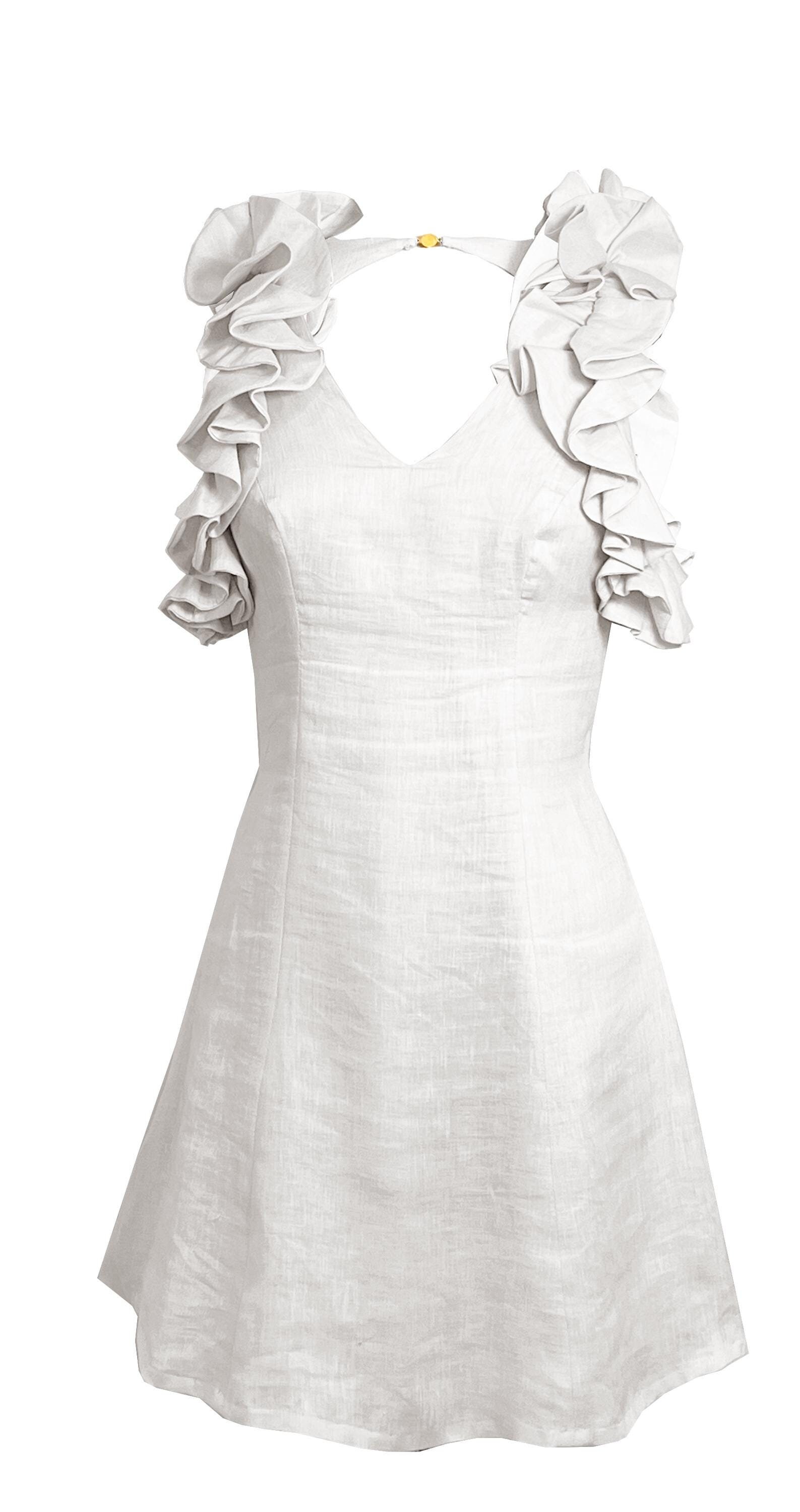 Lavinia Princess Seamed Ruffled Mini Dress Back Cut Out and Jewellery ...