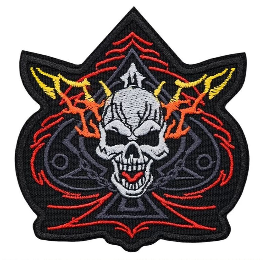 Ace of Spades Skull Embroidered Sew-on Patch | Fire Biker Gang Motorcycle Club Scary Tattoo Logo ...