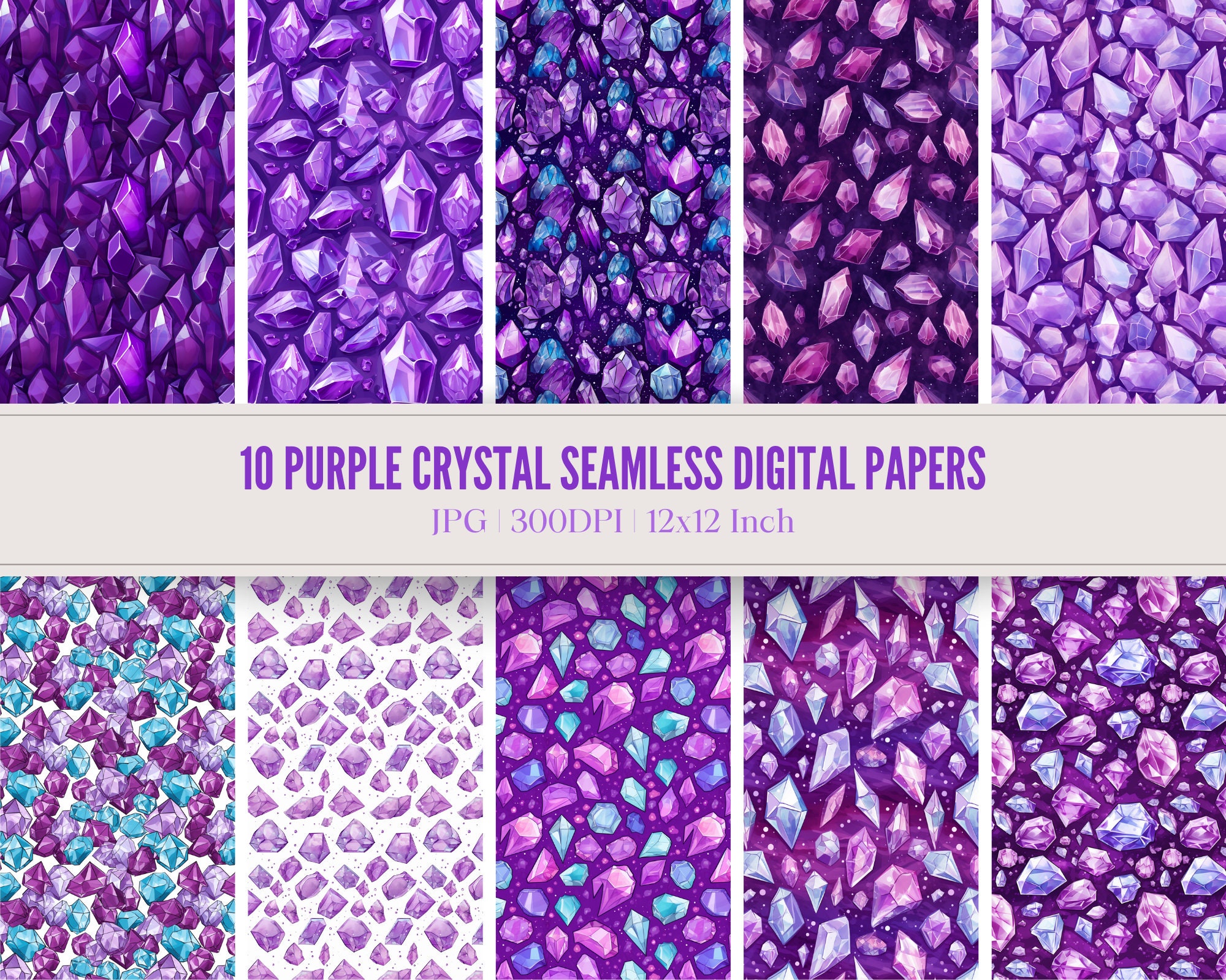 10 Purple Crystal Pattern, Seamless Crystal Digital Papers, Scrapbook Paper, Crystal Digital ...
