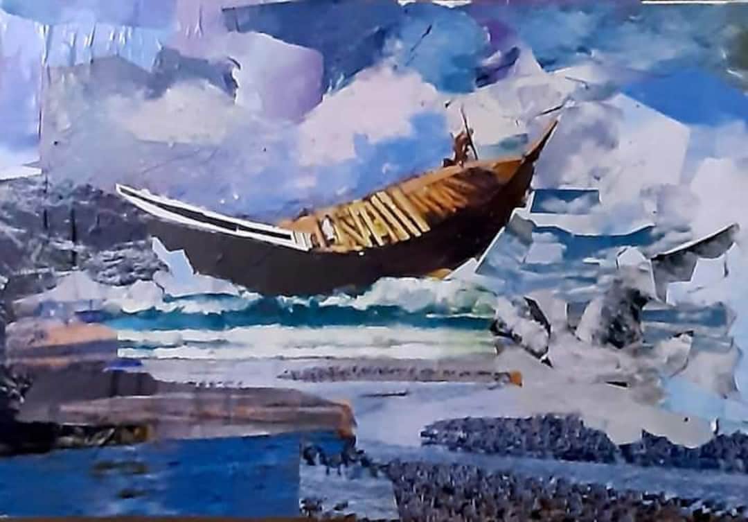 The Boat Collage Painting for Room Décor, Original Collage Art , Mixed ...