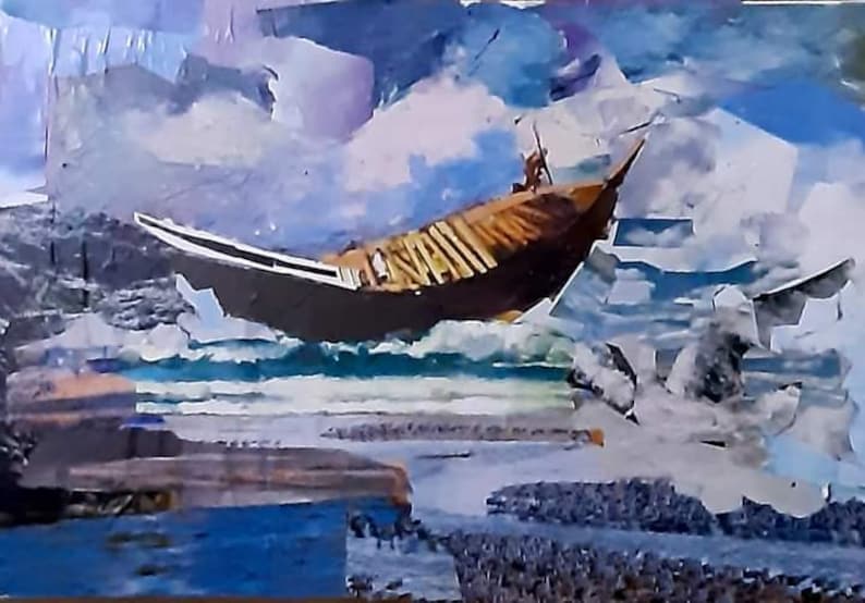 The Boat Collage Painting for Room Décor, Original Collage Art , Mixed ...