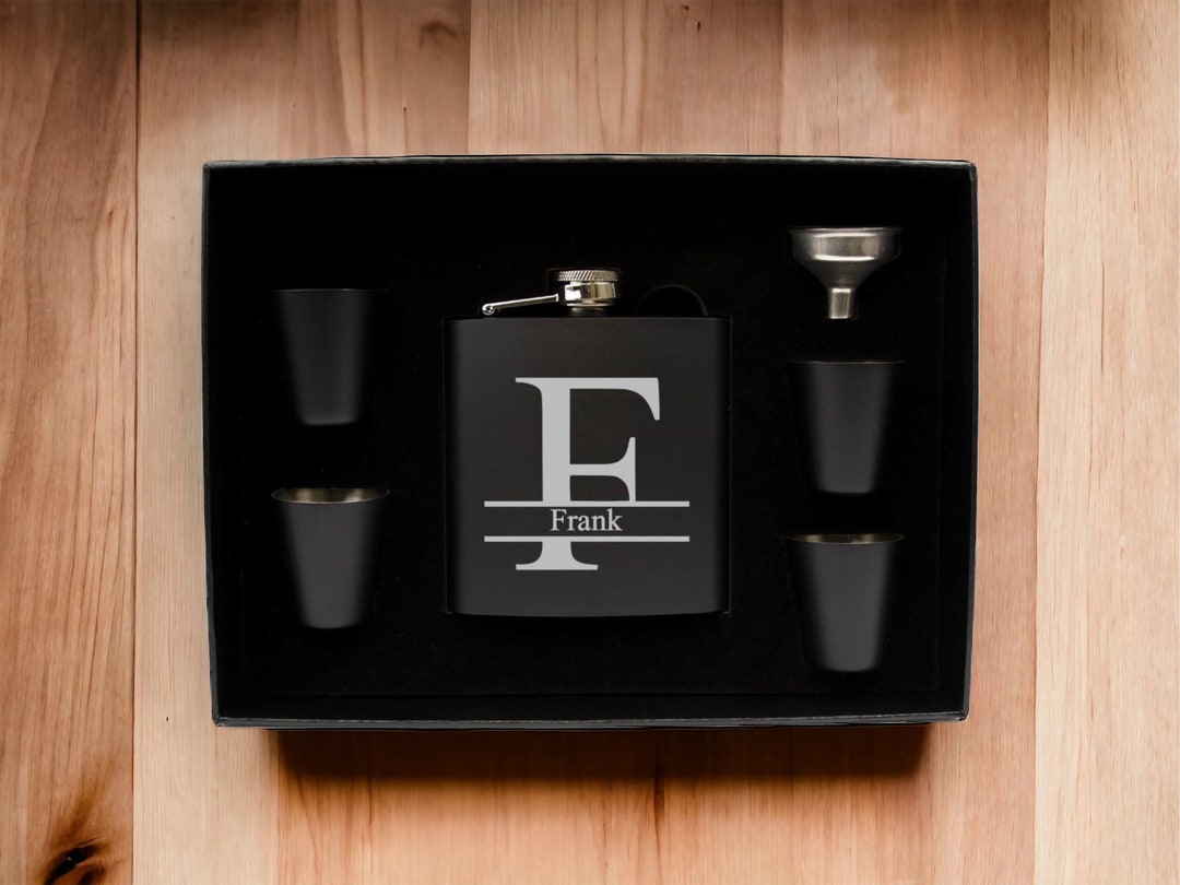 Personalized Black Flask Set With Shot Glasses and Funnel, Engraved ...