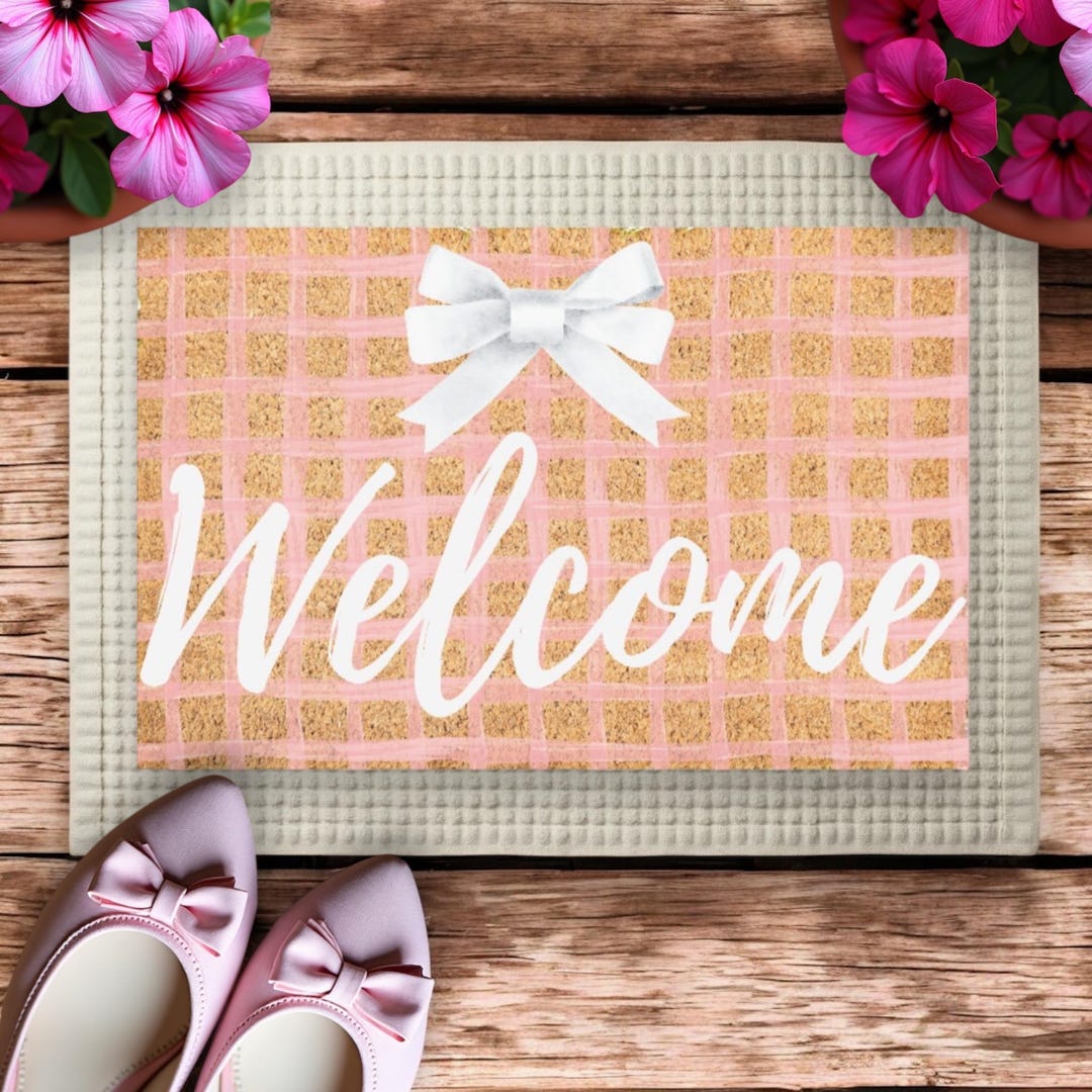 Pink Gingham and White Bow Welcome Mat | Coquette Aesthetic Outdoor ...