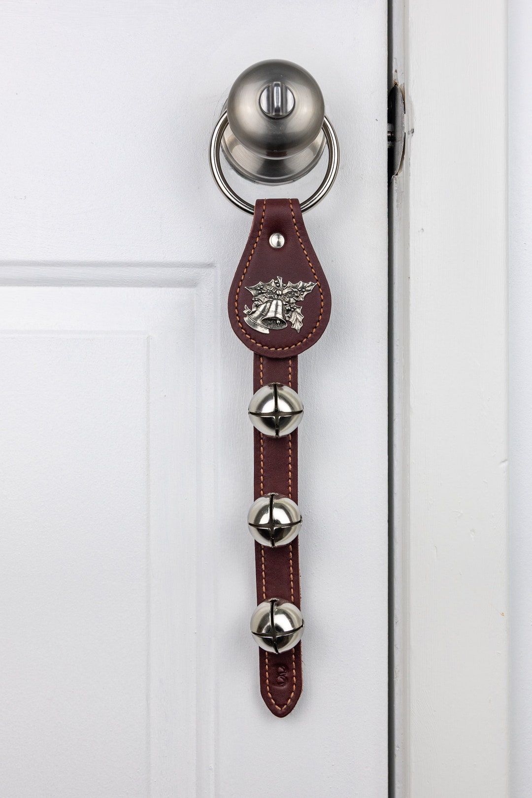 Handmade Leather Doorknob Hanger: Sleigh Bells, Holly Charm - Etsy