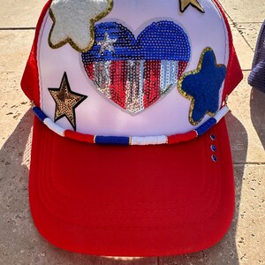 CUSTOM TRUCKER HAT Patriotic Red Blue America Star Spangled Banner ...