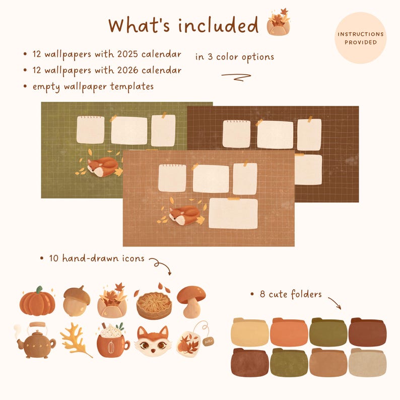 Autumn Desktop Wallpaper Organizer 2025-202 Calendar + Folder Icons for ...
