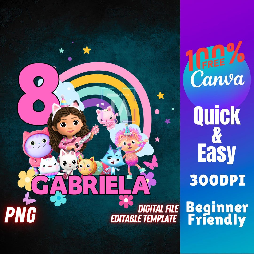 Gabbys Dollhouse Canva Template PNG Editable Birthday Pandy Paws Mercat ...