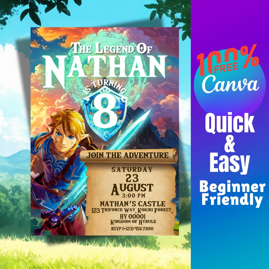 Legend of Zelda Birthday Invitation Card Canva Free Template Digital ...