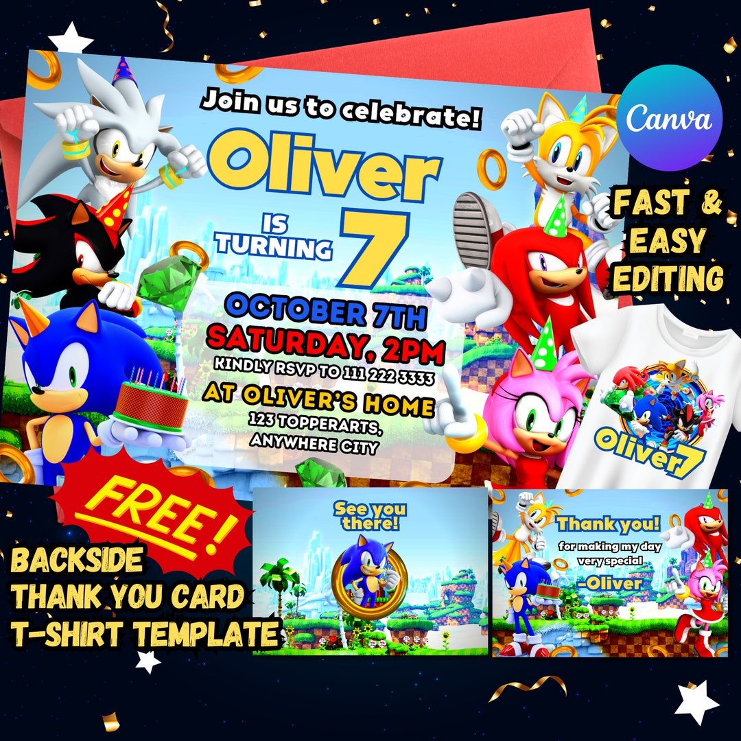 Editable Sonic Invitation Card, Invitation Template, Thank You Card ...