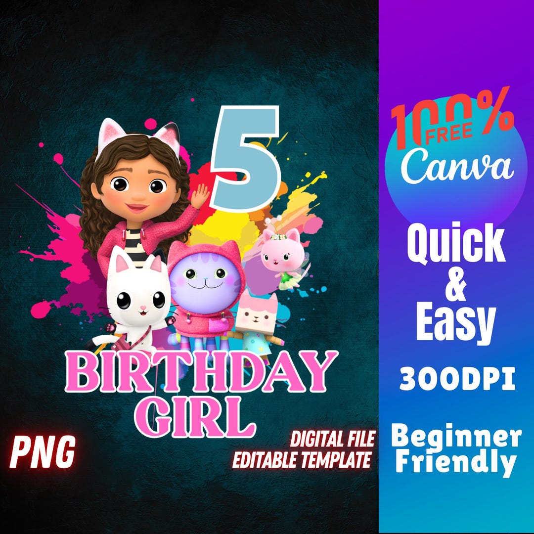 Gabbys Dollhouse PNG Birthday Editable Template Pandy Paws Mercat Cakey ...