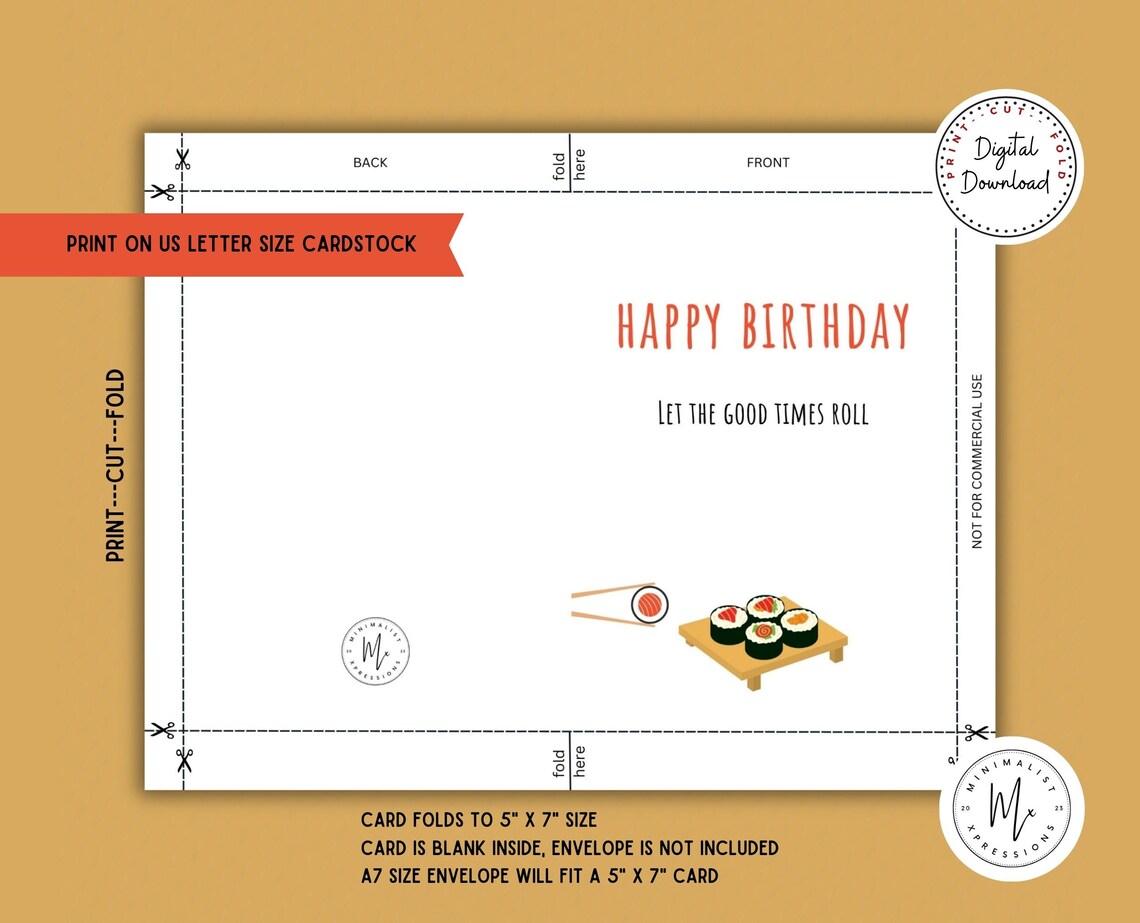 Simple Sushi Printable Birthday Card Printable Card Instant Download ...