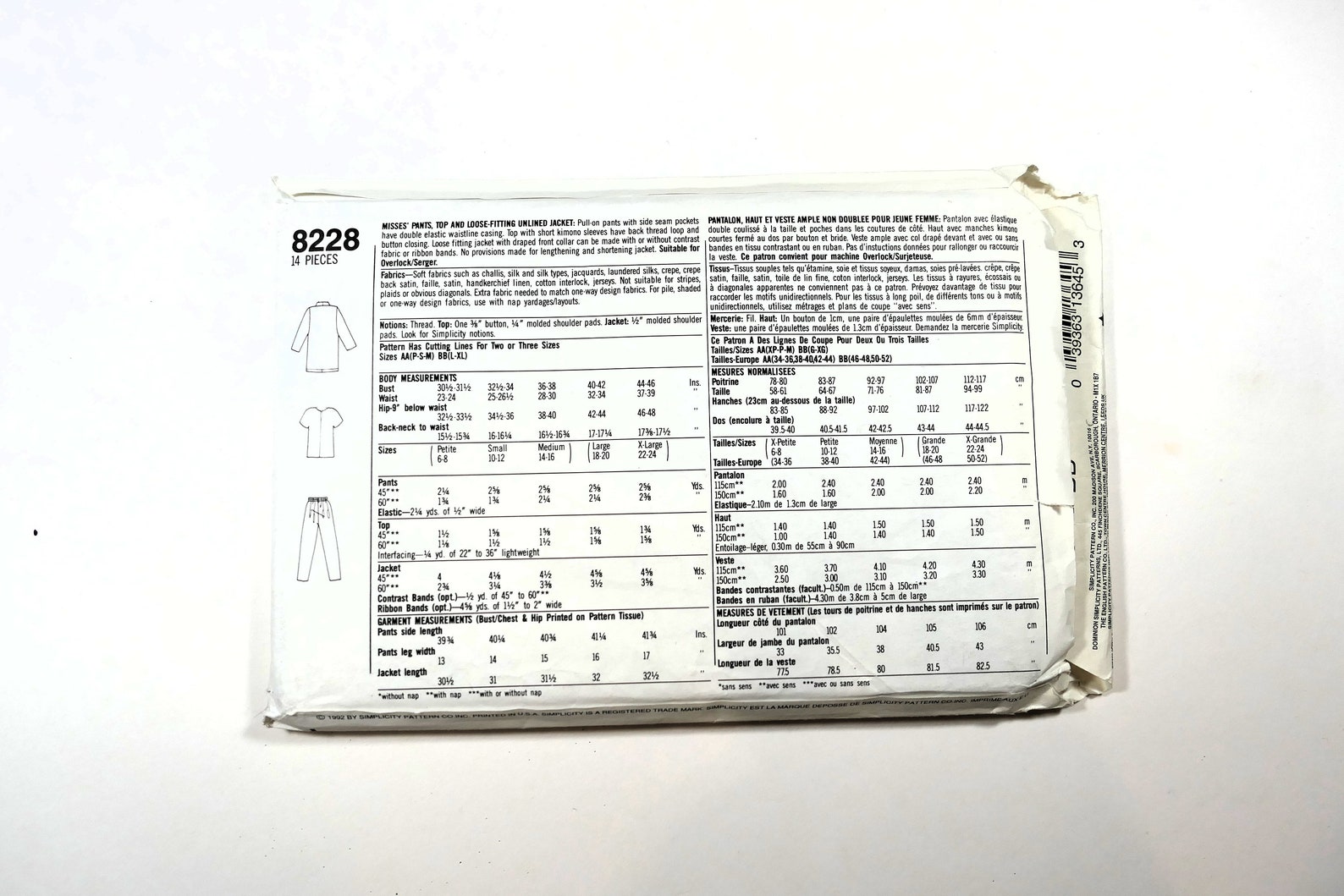Simplicity Sewing Pattern 8228: Misses Top, Pants & Jacket (L-XL) - Etsy