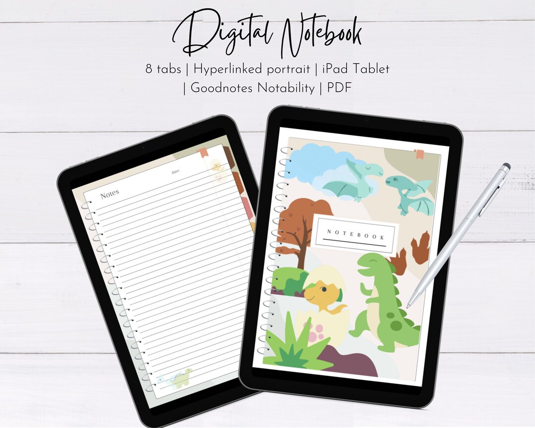 Dinosaur Digital Notebook | Portrait | 8 Hyperlinked Tab | Goodnotes ...