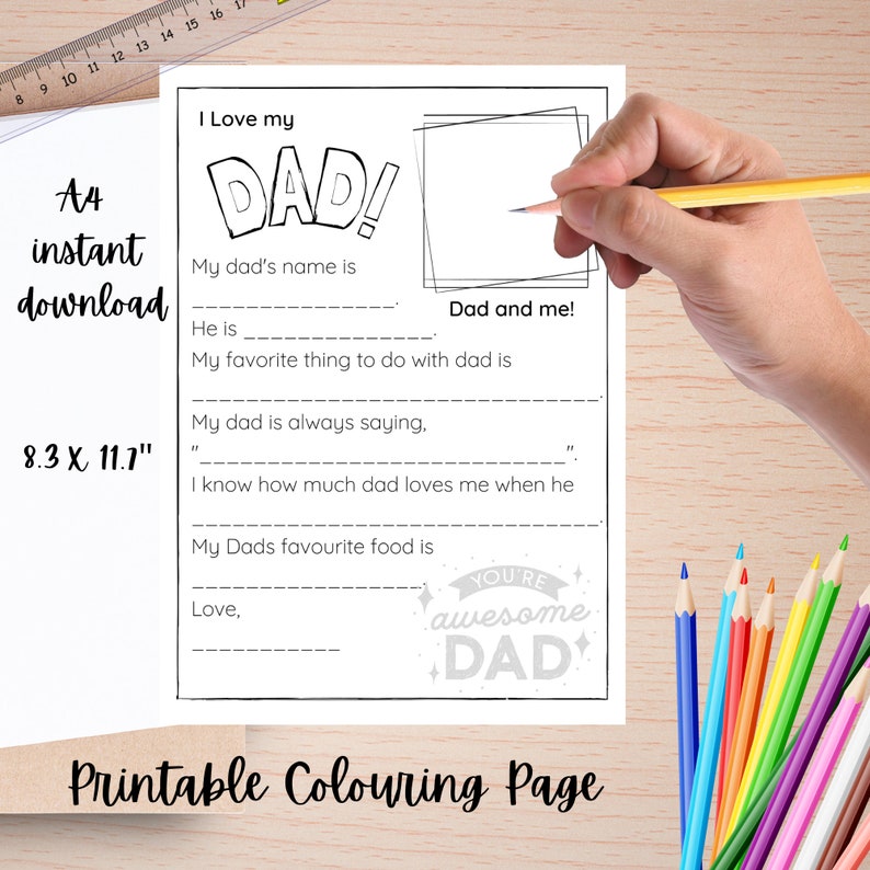 Fathers Day Printable Coloring Page I Love Dad Fathers - Etsy