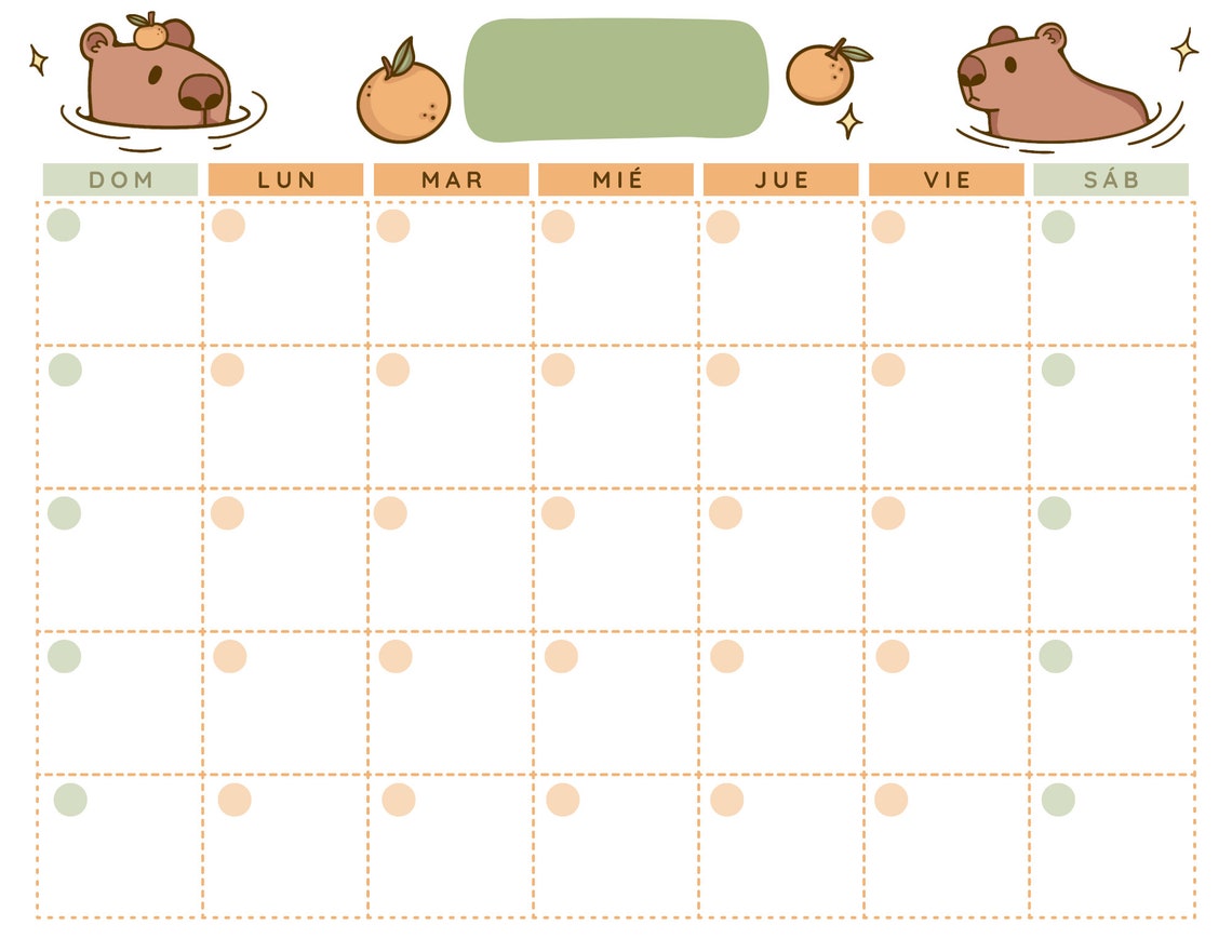 Blank Undated Capybara Monthly Calendar En ESPAÑOL | Digital Download ...