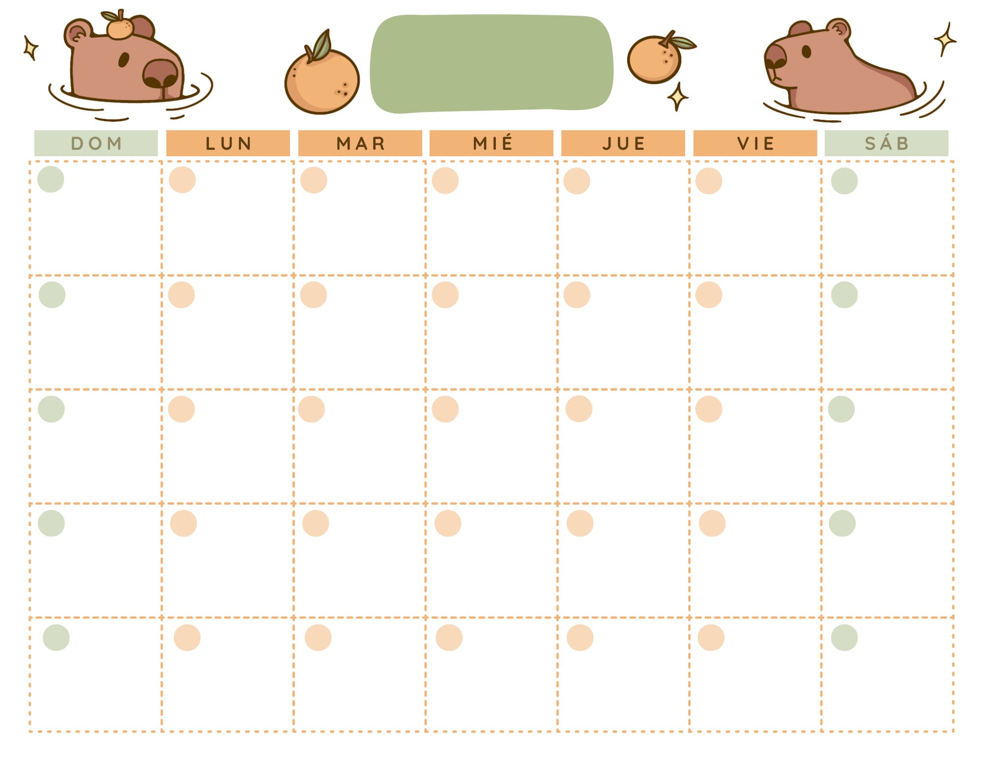 Blank Undated Capybara Monthly Calendar En ESPAÑOL | Digital Download ...