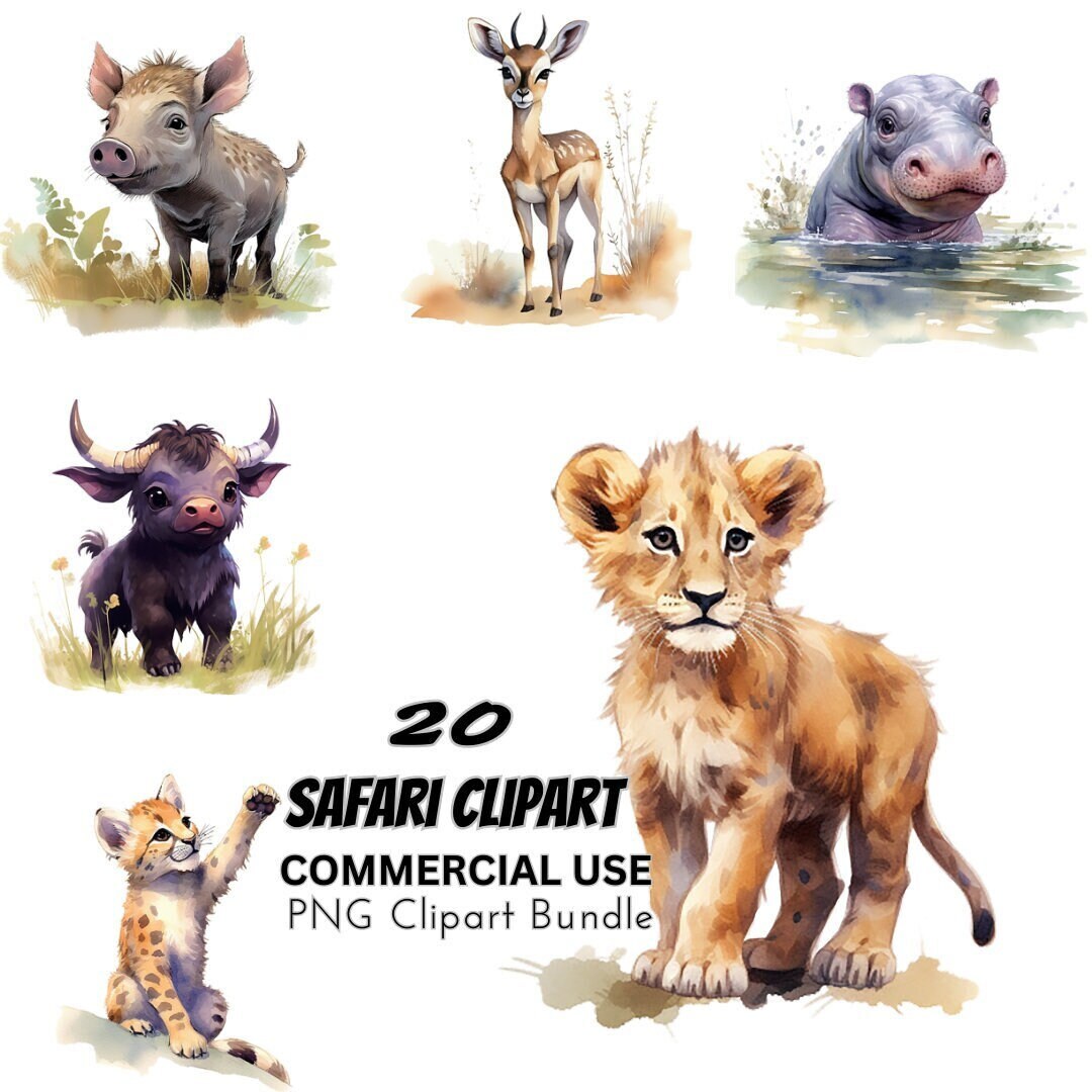 2O Baby Safari Animals Clipart Bundle Pack PNG, Cute, Watercolour Water ...
