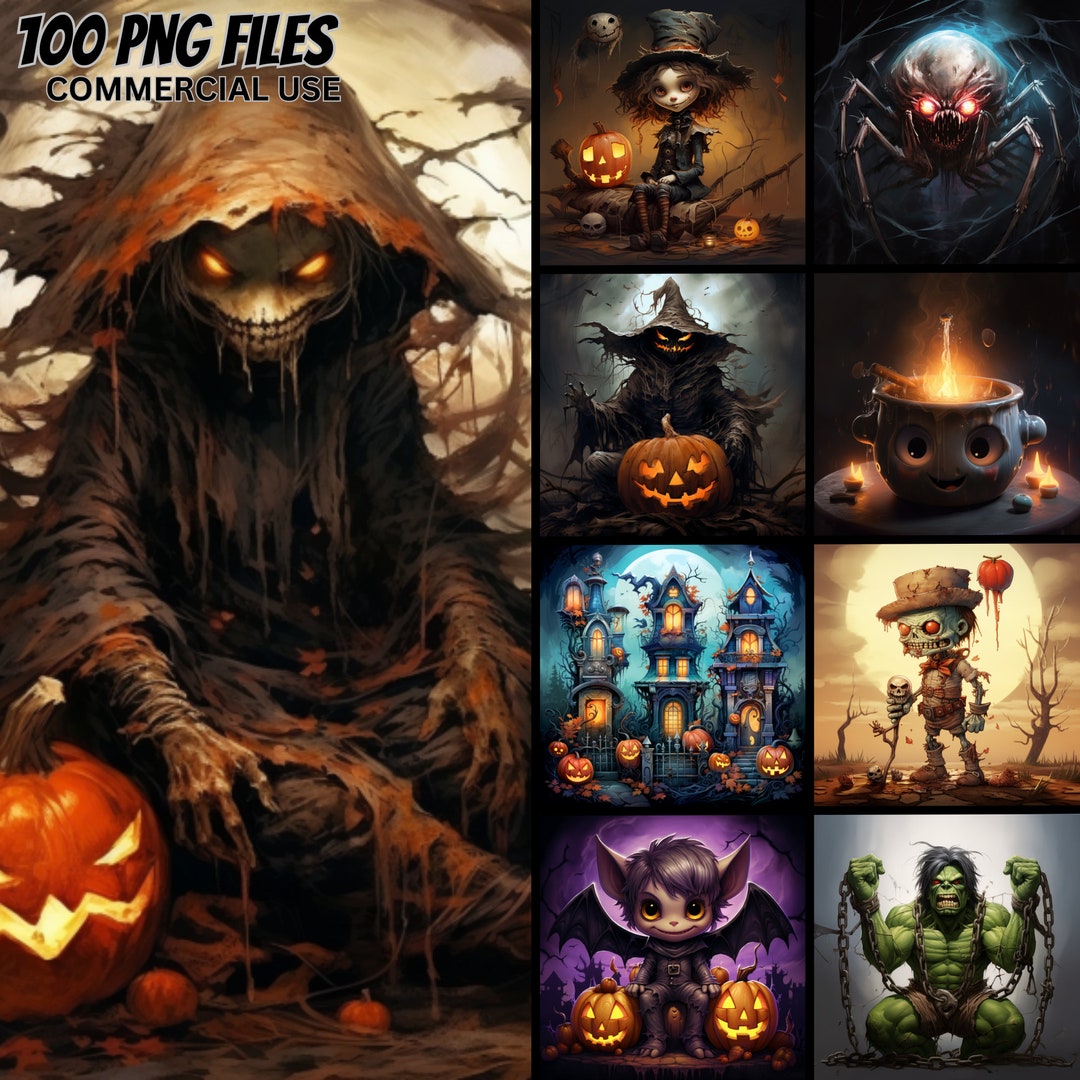 Scary Halloween Creatures Illustrations, 100 PNG Clipart Bundle ...