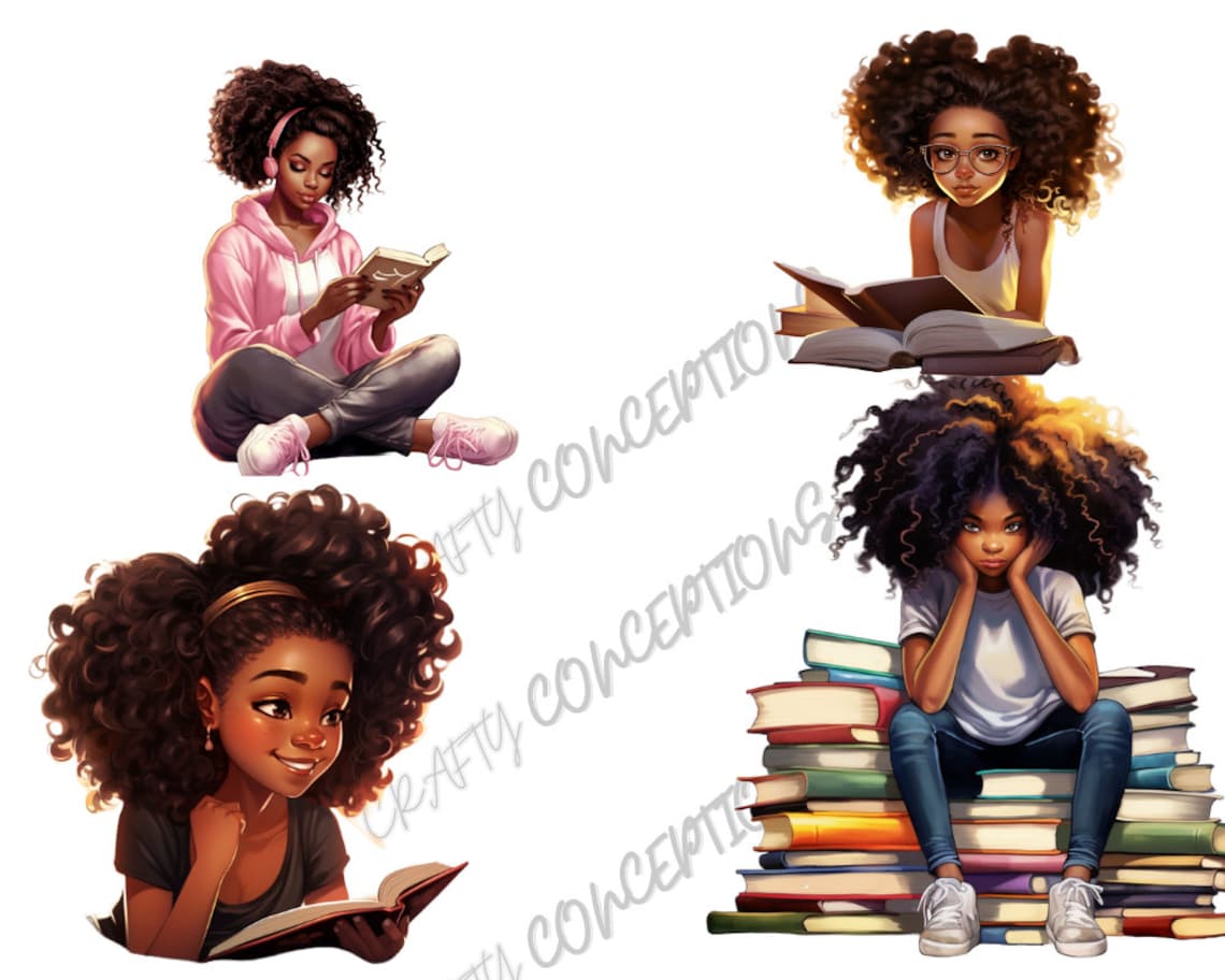 Bookworm Black Girl Clipart PNG Bundle, Student Book Lover, Braids ...