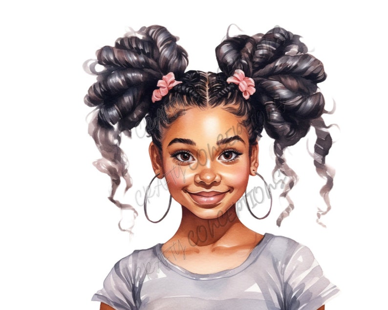 Cute Little Black Girls Watercolor Illustration 19, PNG Bundle, Braids ...