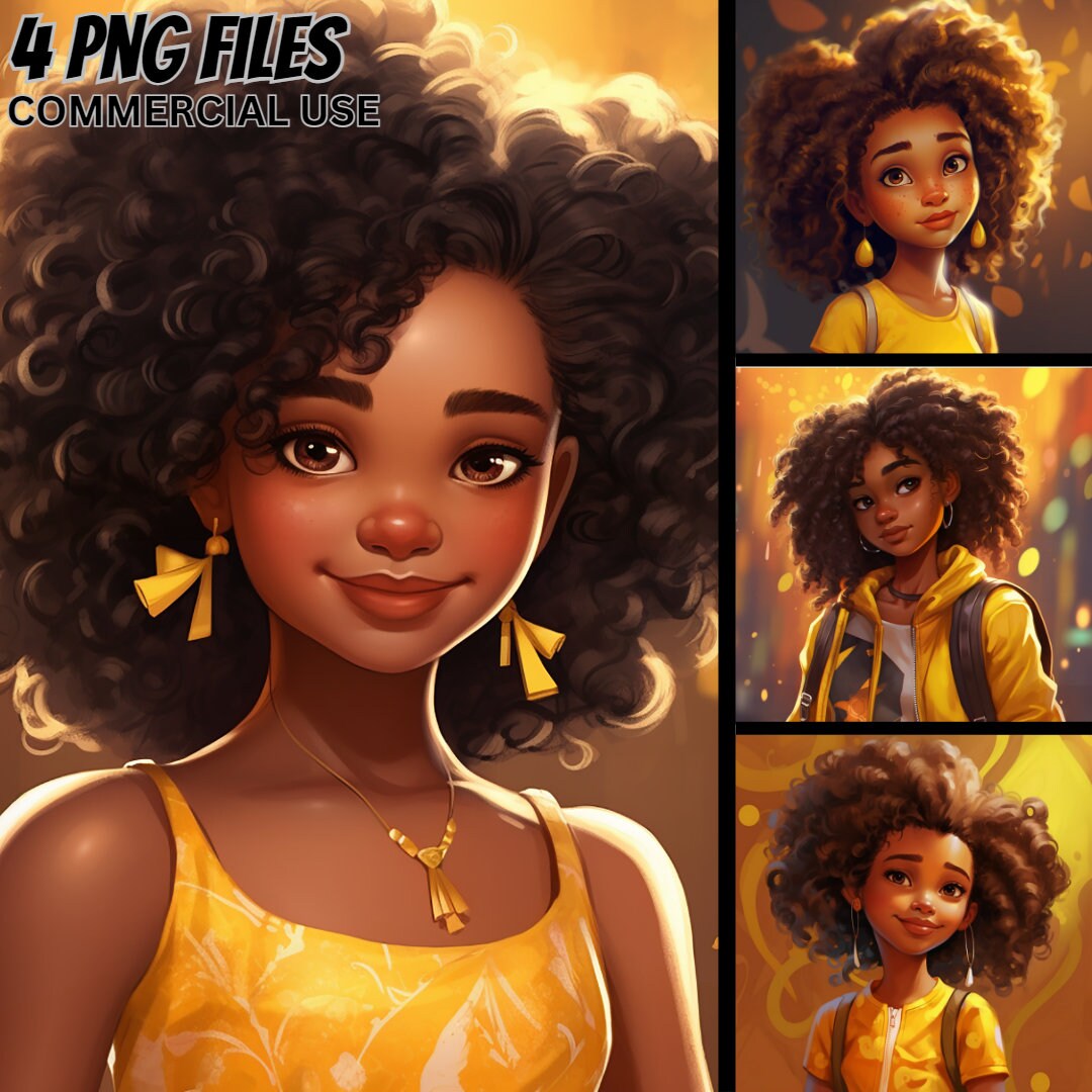 Little Black Girl in Yellow V3, 4 PNG Bundle, Curly Hair Magic Clipart ...