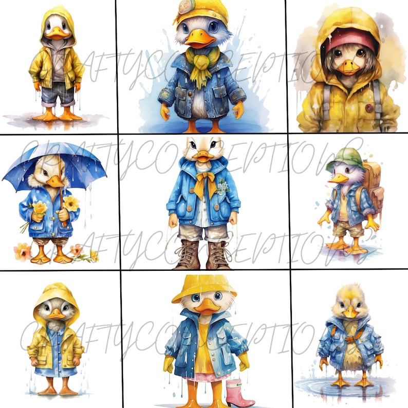 Cute Little Ducks Ducklings in Rain Coats Digital Design Bundle, Water ...