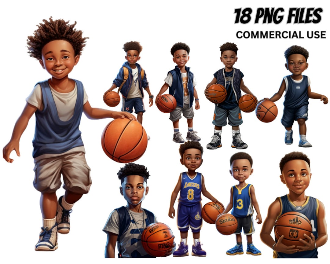 Cute Little Black Boy Illustration Playing Basketball V.1, 18 PNG ...