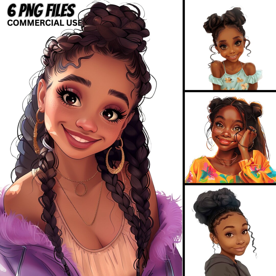 Cute Teen Black Girls Illustration V.111, 6 PNG Bundle, Summer, Spring ...