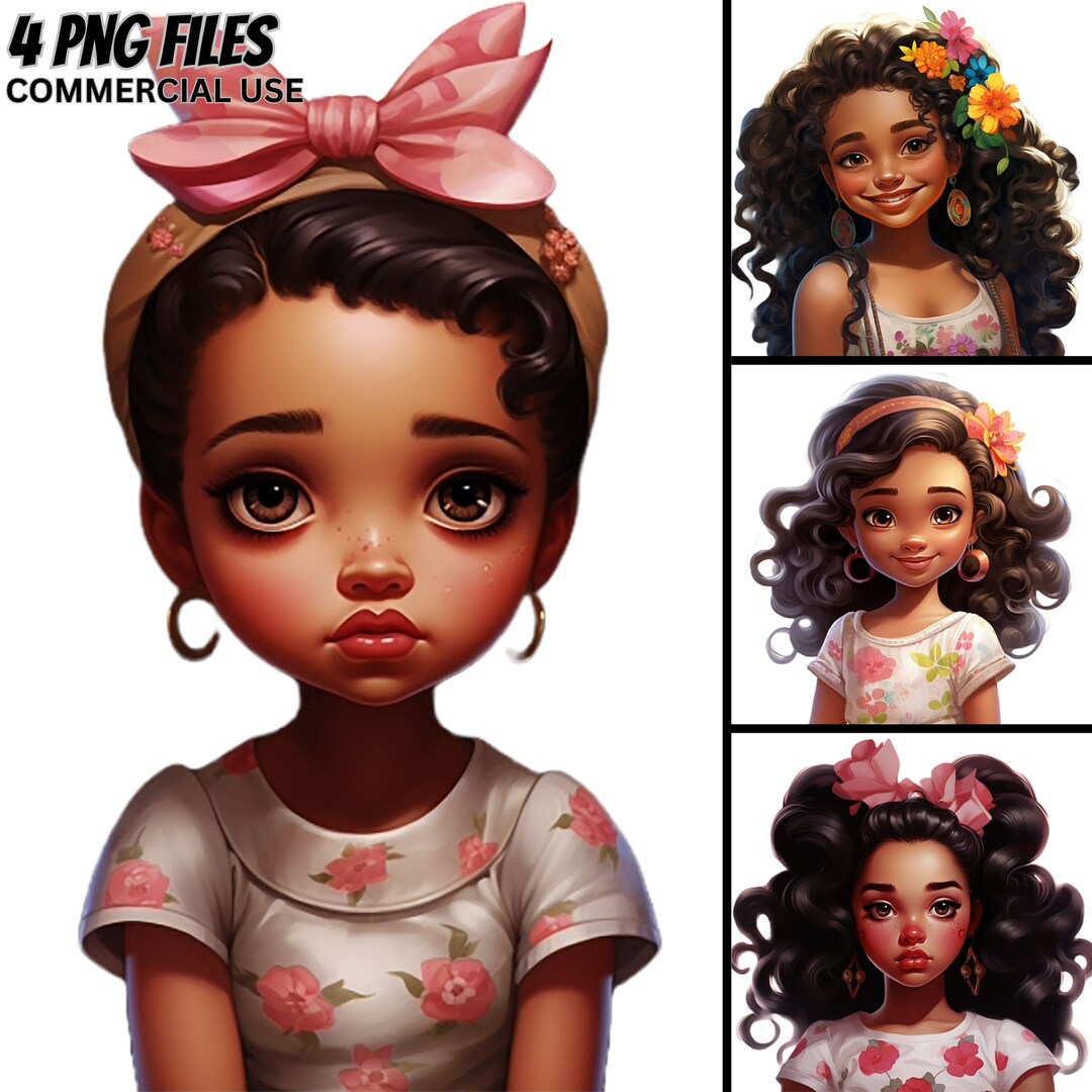 Cute Little Latina Girls Illustration V.7, 5 PNG Bundle, Pink, Curly ...