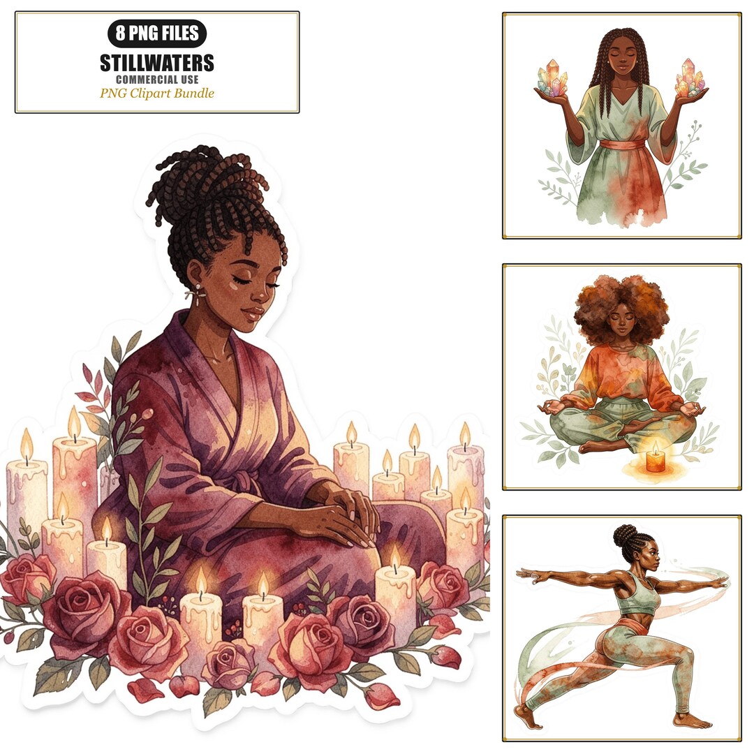 Black Woman Watercolor Clipart Bundle 8 PNG Self Care Wellness Art ...