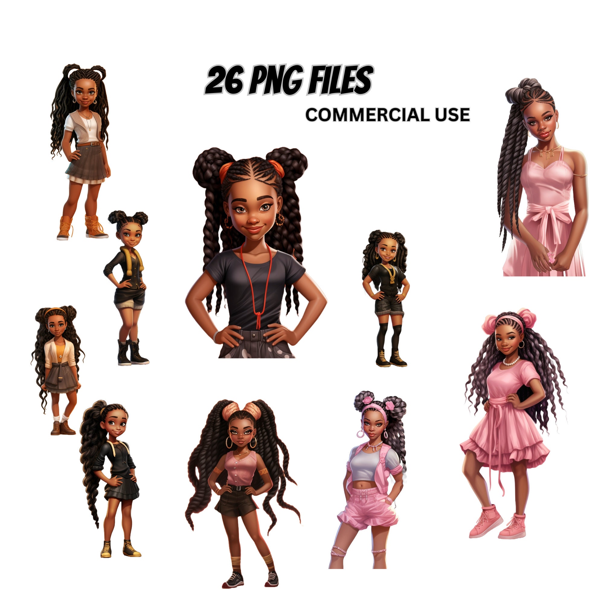 Teen Girl Fashion Illustrations, PNG Bundle, Curls, Braids, Pigtails ...