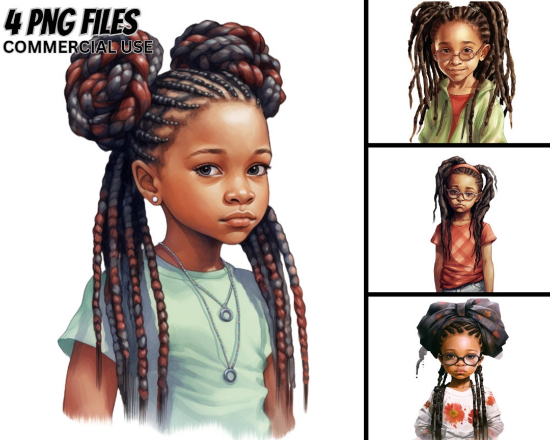 Cute Little Black Girls Watercolor Illustration 22, PNG Bundle, Braids ...