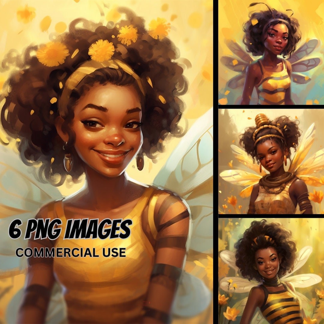 Princess Bee, Little Black Girl in Yellow 6 PNG Bundle, Curly Hair ...