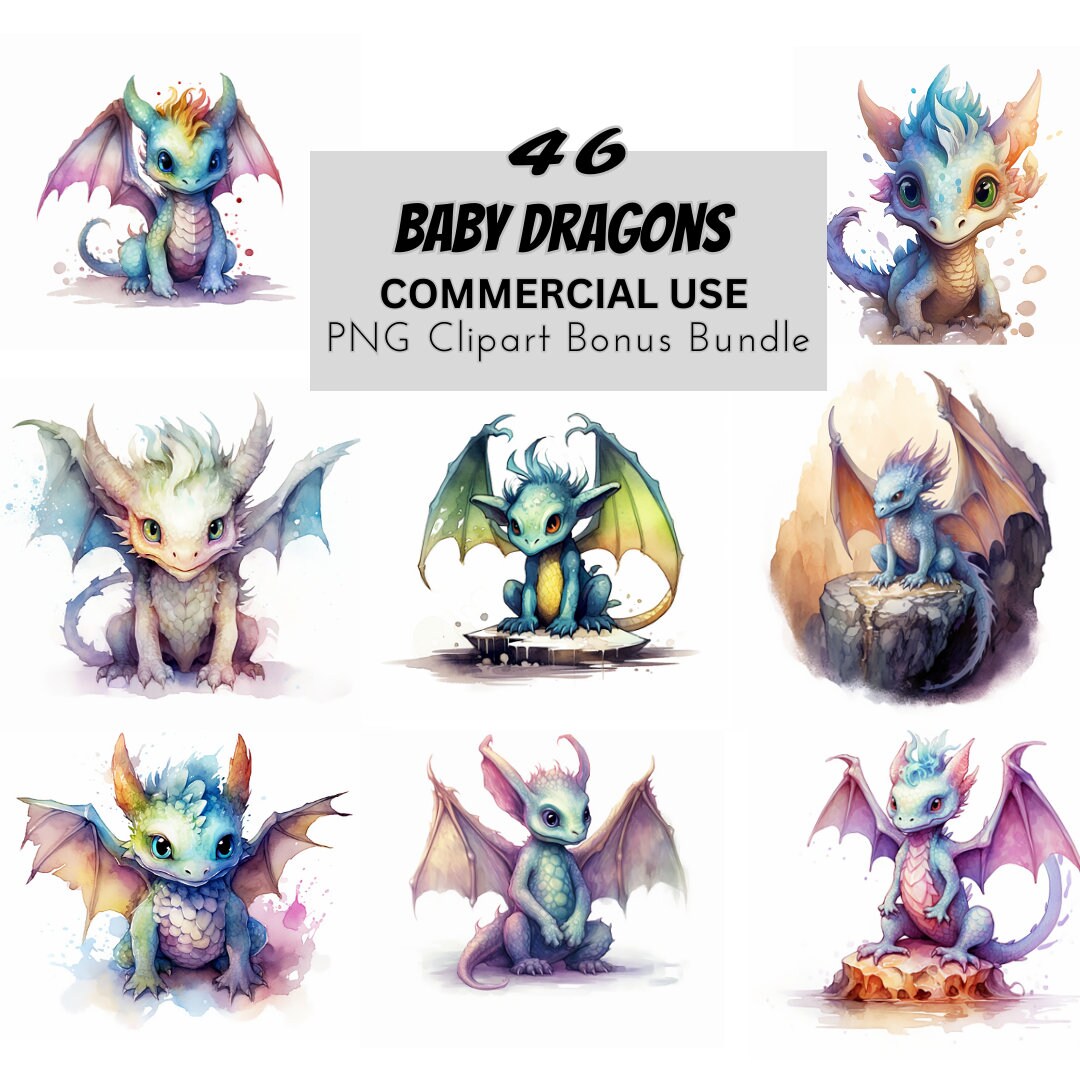 46 Baby Dragon Clipart Bundle Pack, PNG, Fairytale, Watercolour, Water ...